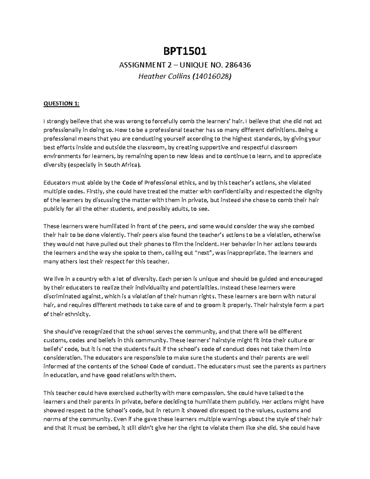 BPT1501 Assignment 2 - 286436 - BPT ASSIGNMENT 2 – UNIQUE NO. 286436 ...