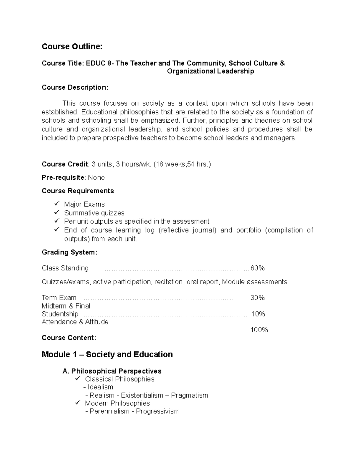 3Course-Outline - Lecture - Course Outline: Course Title: EDUC 8- The ...