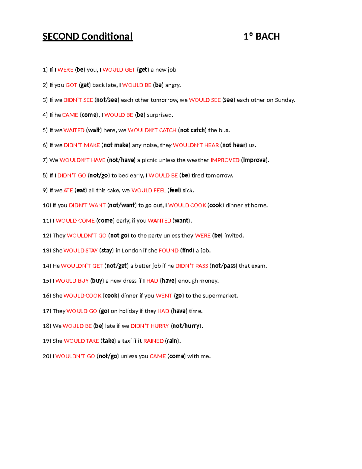 1º BACH - Conditionals (Basic Practice) - Answers - SECOND Conditional ...