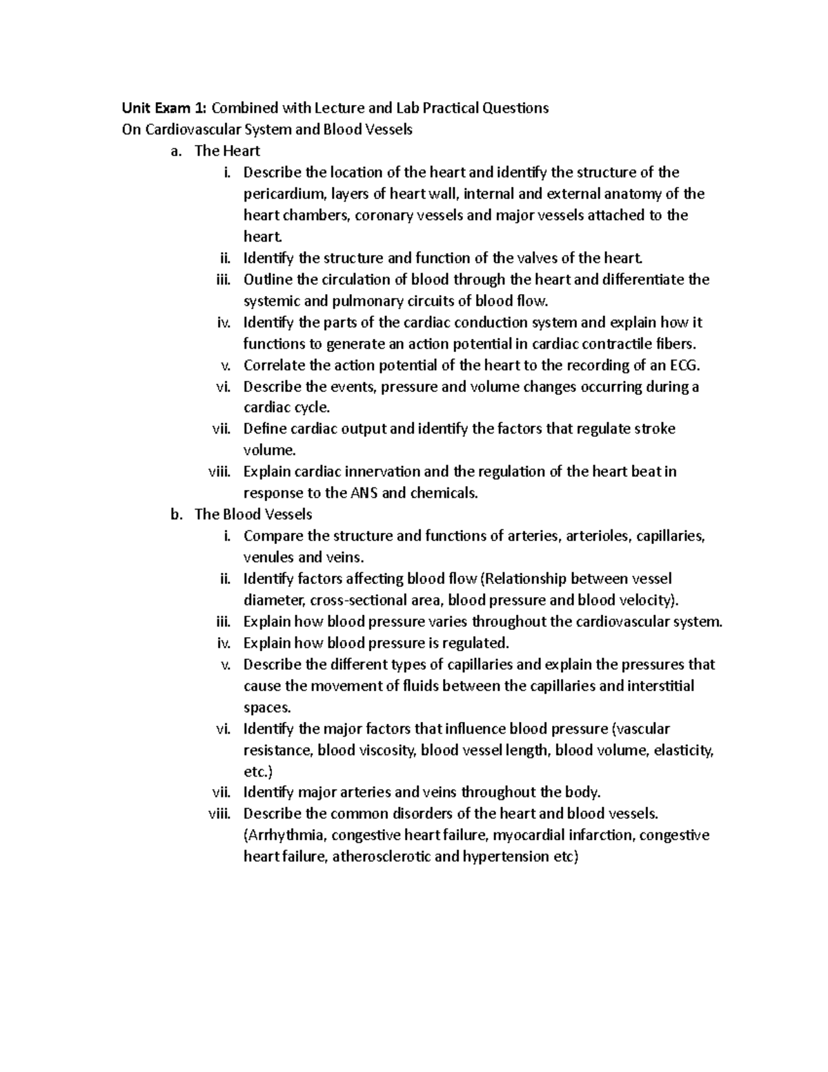 Unit Exam 1 Study Guide BIOL242 Cardiovascular System and Blood Vessels ...