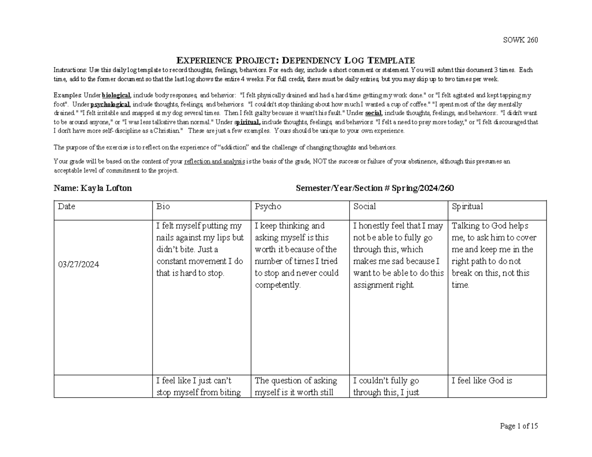 Individual Experience Project Dependency Log- Kayla Lofton - EXPERIENCE ...