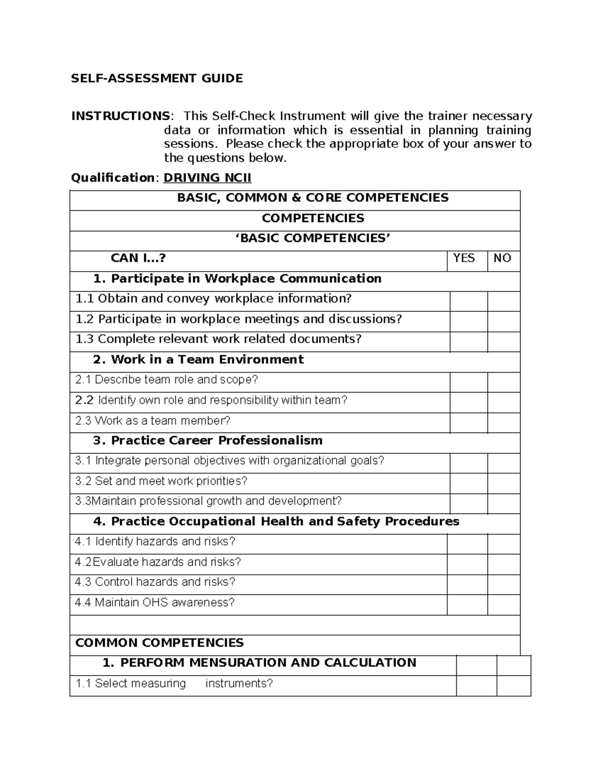 Conduct Competency Assesment -UC 4 - SELF-ASSESSMENT GUIDE INSTRUCTIONS ...