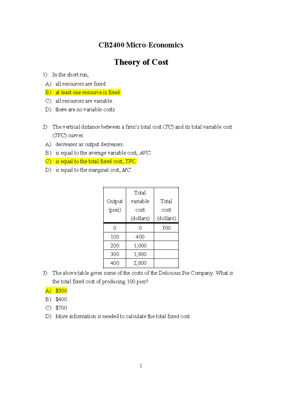 (06 CB2400 Theory OF COST - CB2400 Micro-Economics Theory of Cost In the short run, A) all ...