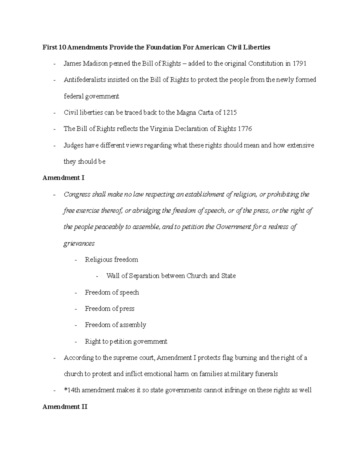 Copy of Bill of Rights and Civil Liberties Notes - First 10 Amendments ...
