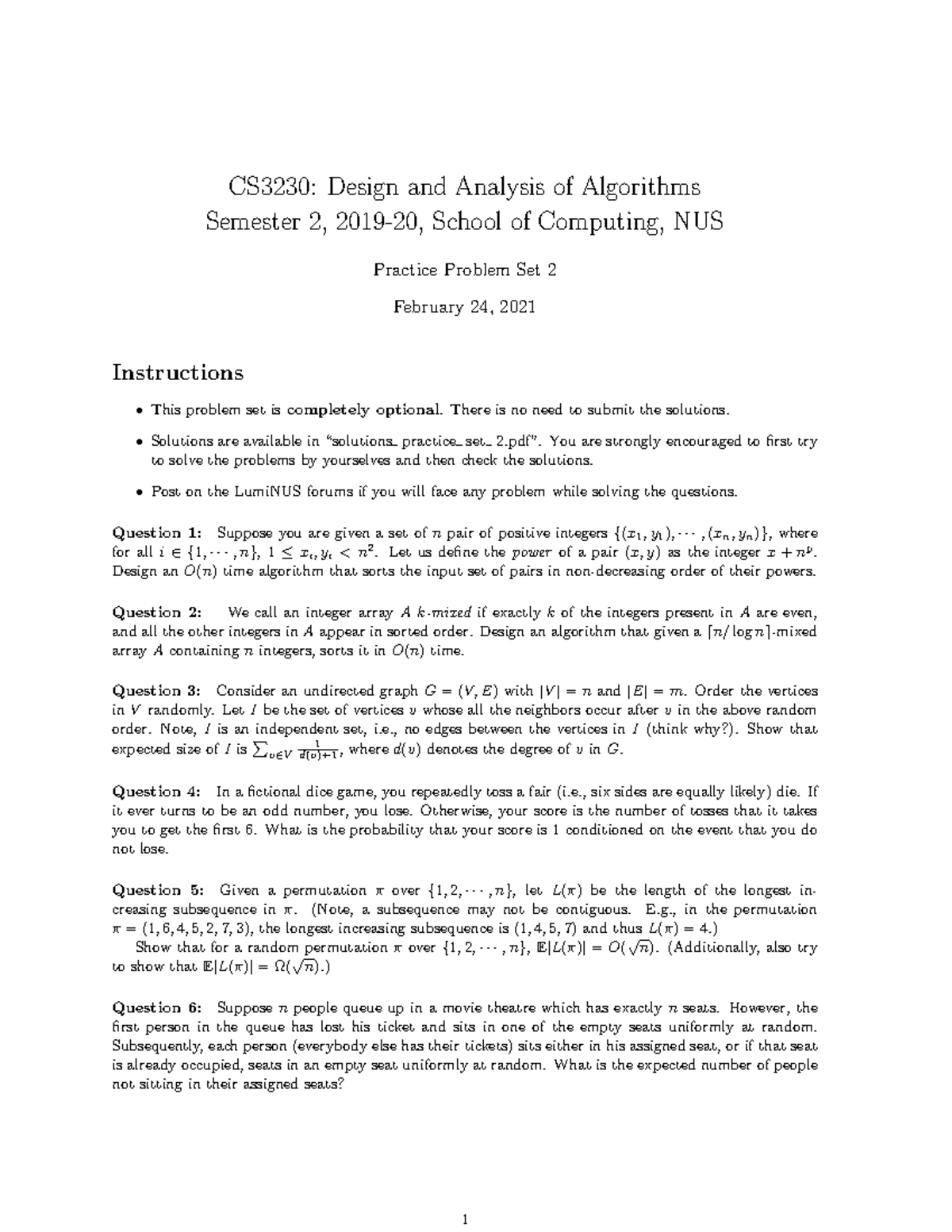 Practice set 2 - CS3230: Design and Analysis of Algorithms Semester 2, 2019-20, School of ...