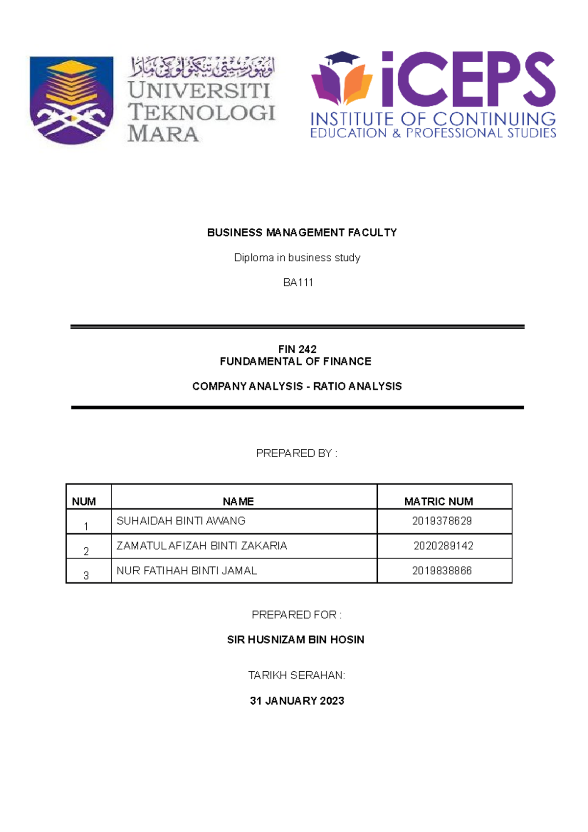 FIN242 edit - bhbkj - BUSINESS MANAGEMENT FACULTY Diploma in business ...