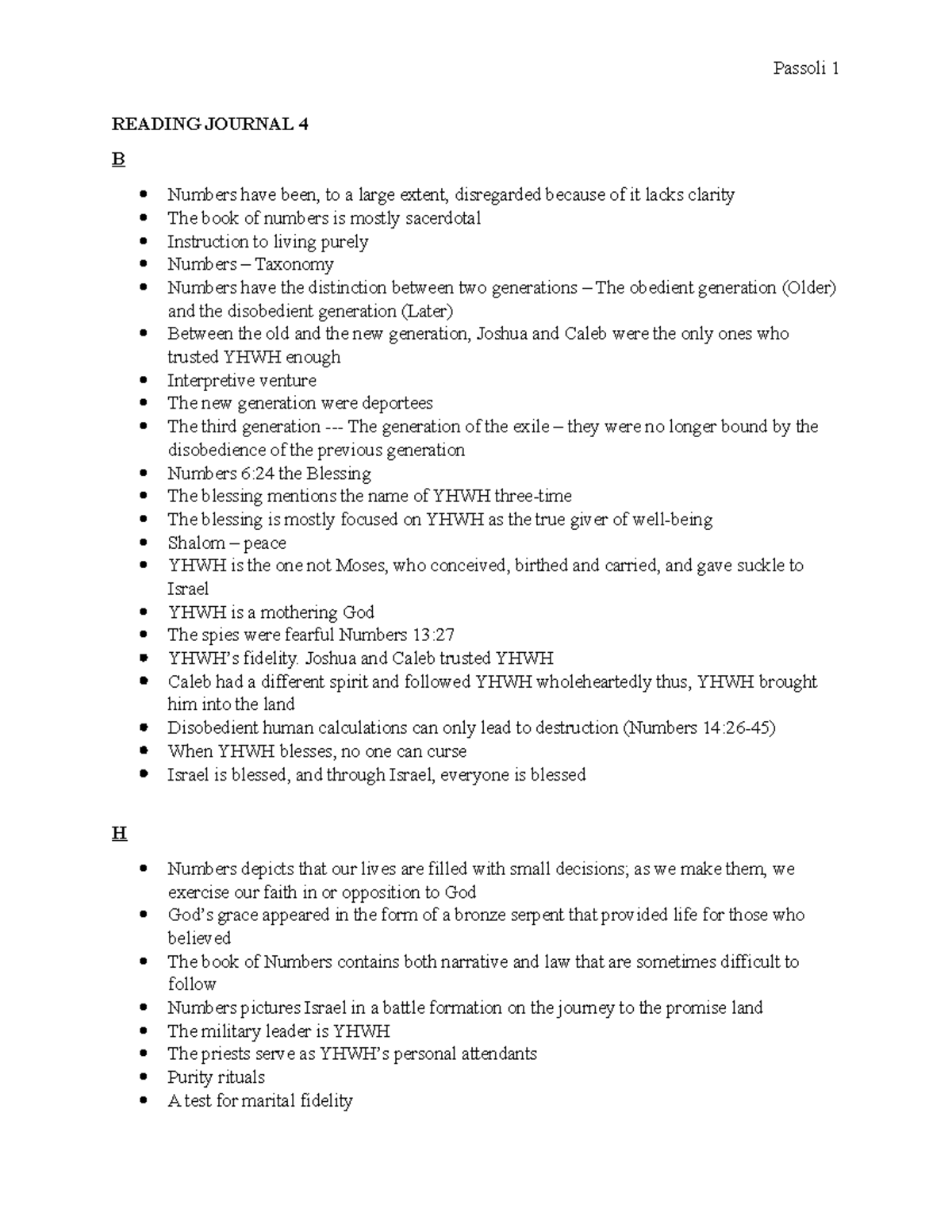 Reading Journal 4 - N/A - Passoli 1 READING JOURNAL 4 B Numbers have ...