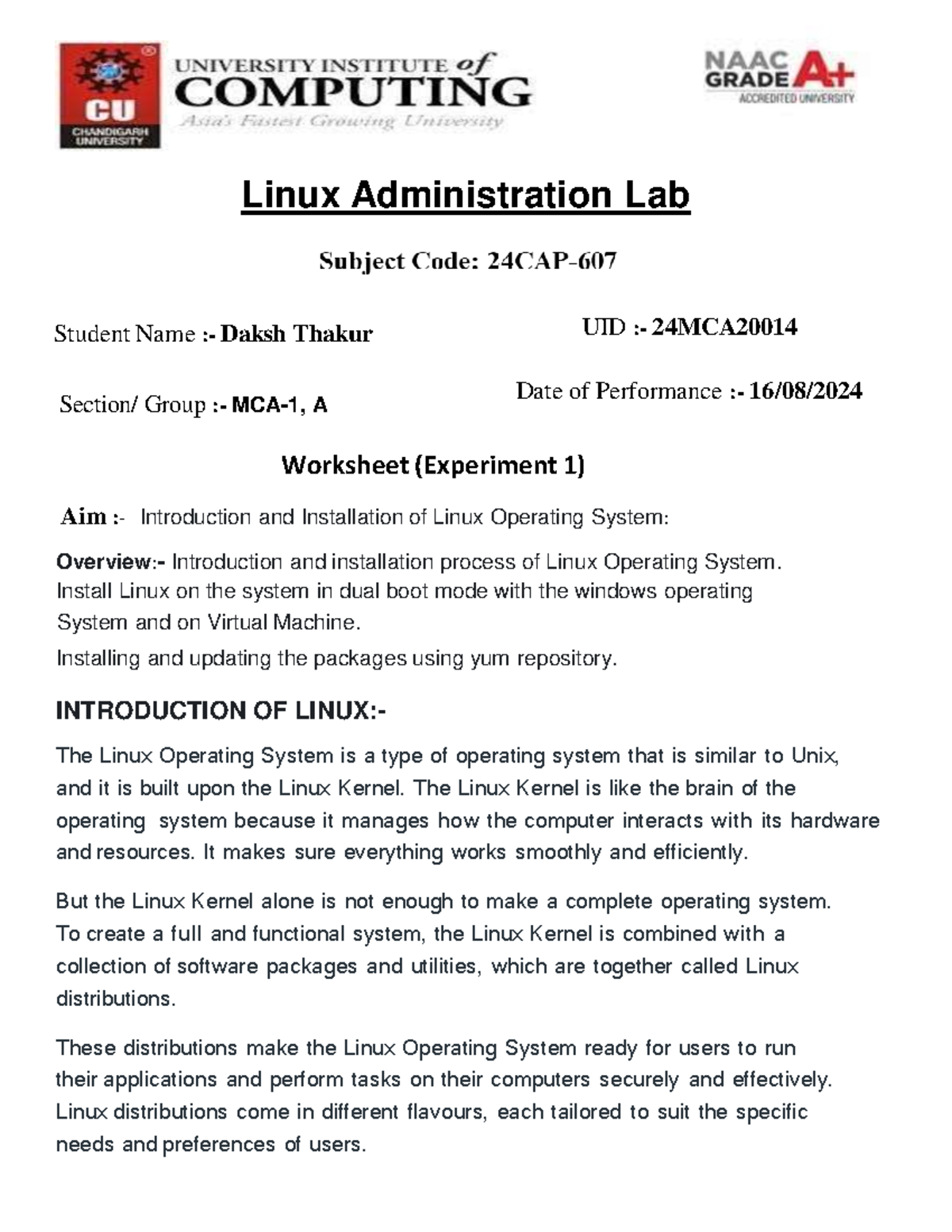 Linux worksheet - Worksheet (Experiment 1) Student Name :- Daksh Thakur ...