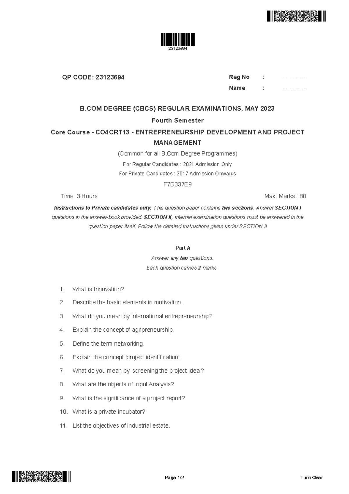 23123694 - Previous year question papers - QP CODE: 23123694 Reg No