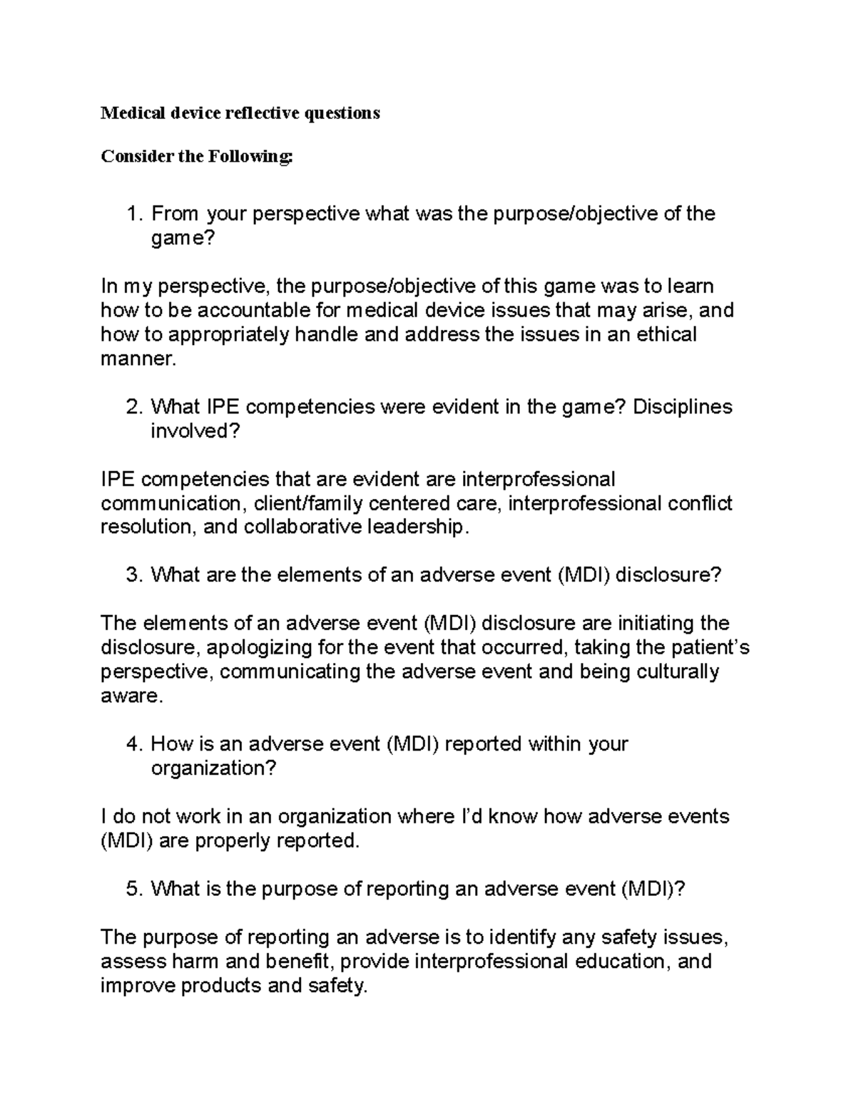 Medical device reflective questions - Medical device reflective ...