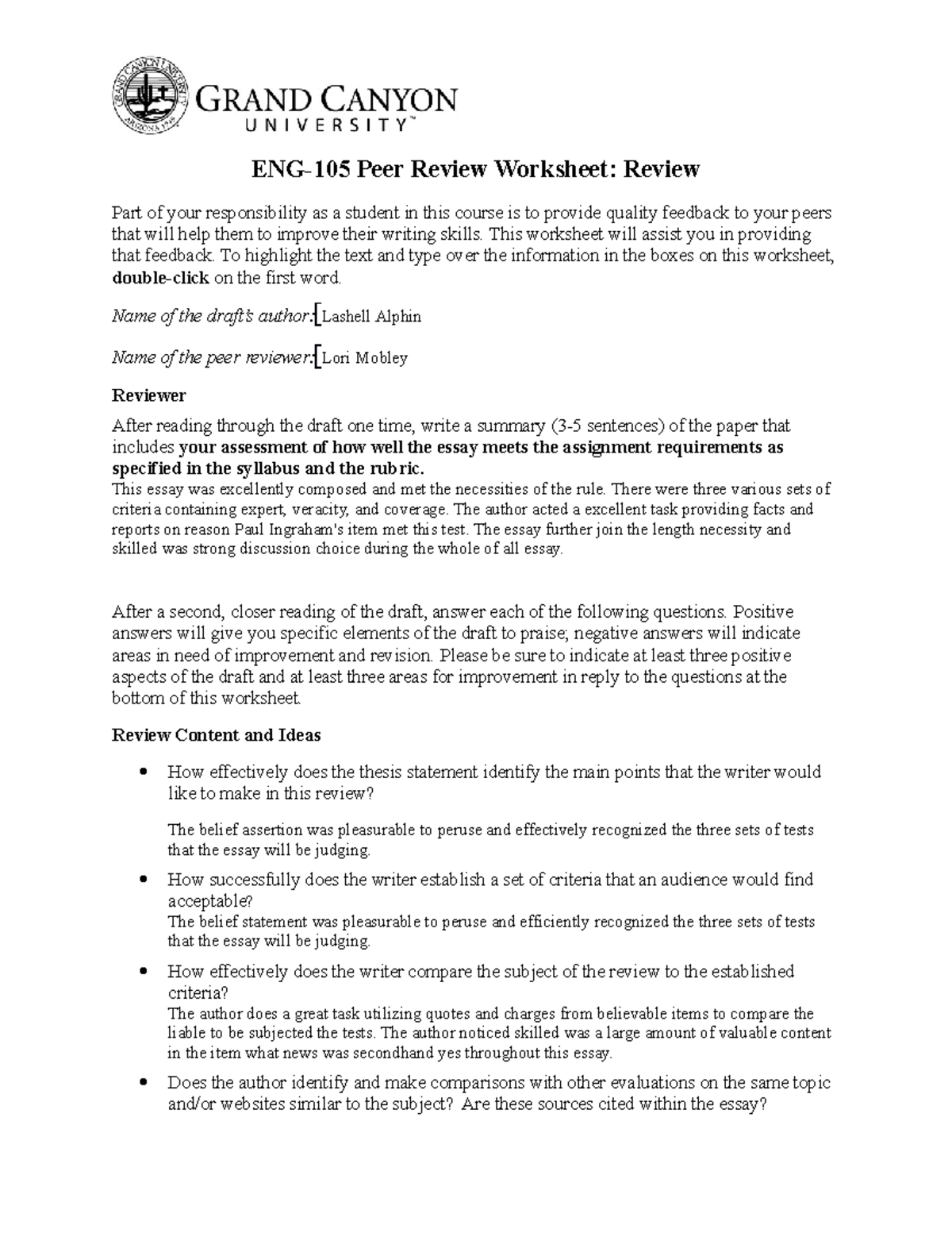 ENG105 Peer Review Worksheet - This worksheet will assist you in ...
