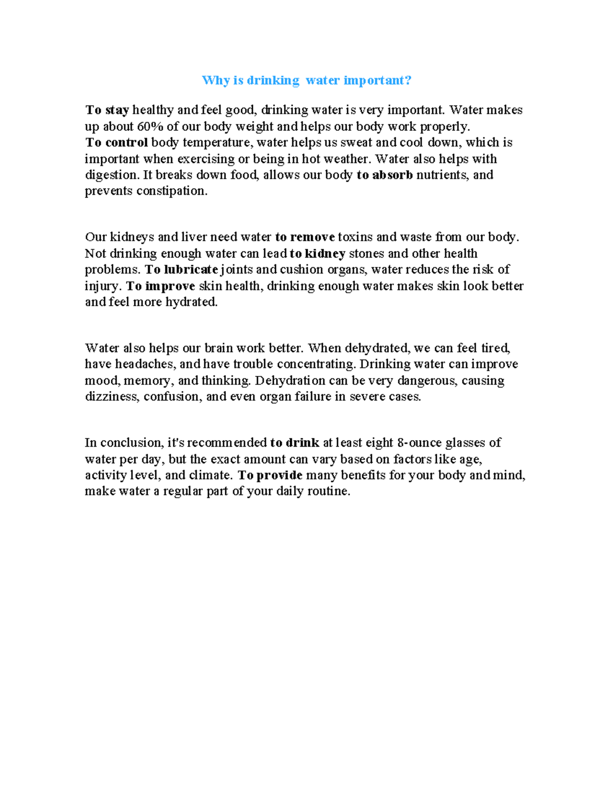 Why is drinking - Vocabulary - Why is drinking water important? To stay ...