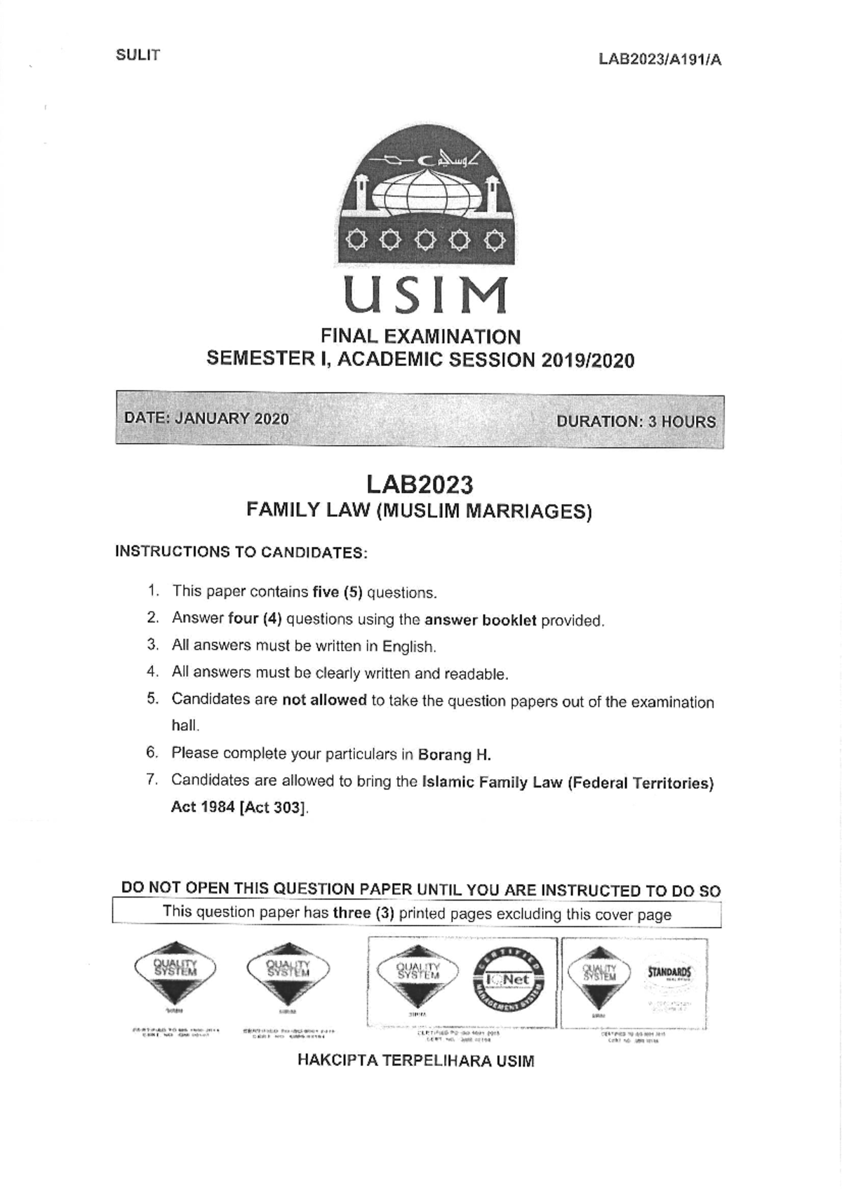 LAB2023 - Family Law II (Muslim Marriage) - SULIT n USIM FINAL ...