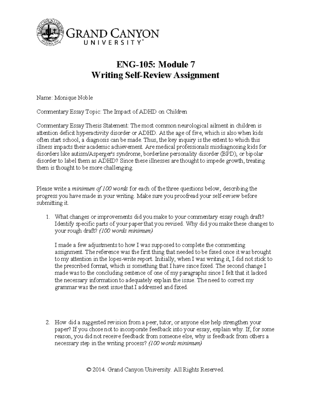 Self Review Assignment - ENG-105: Module 7 Writing Self-Review ...