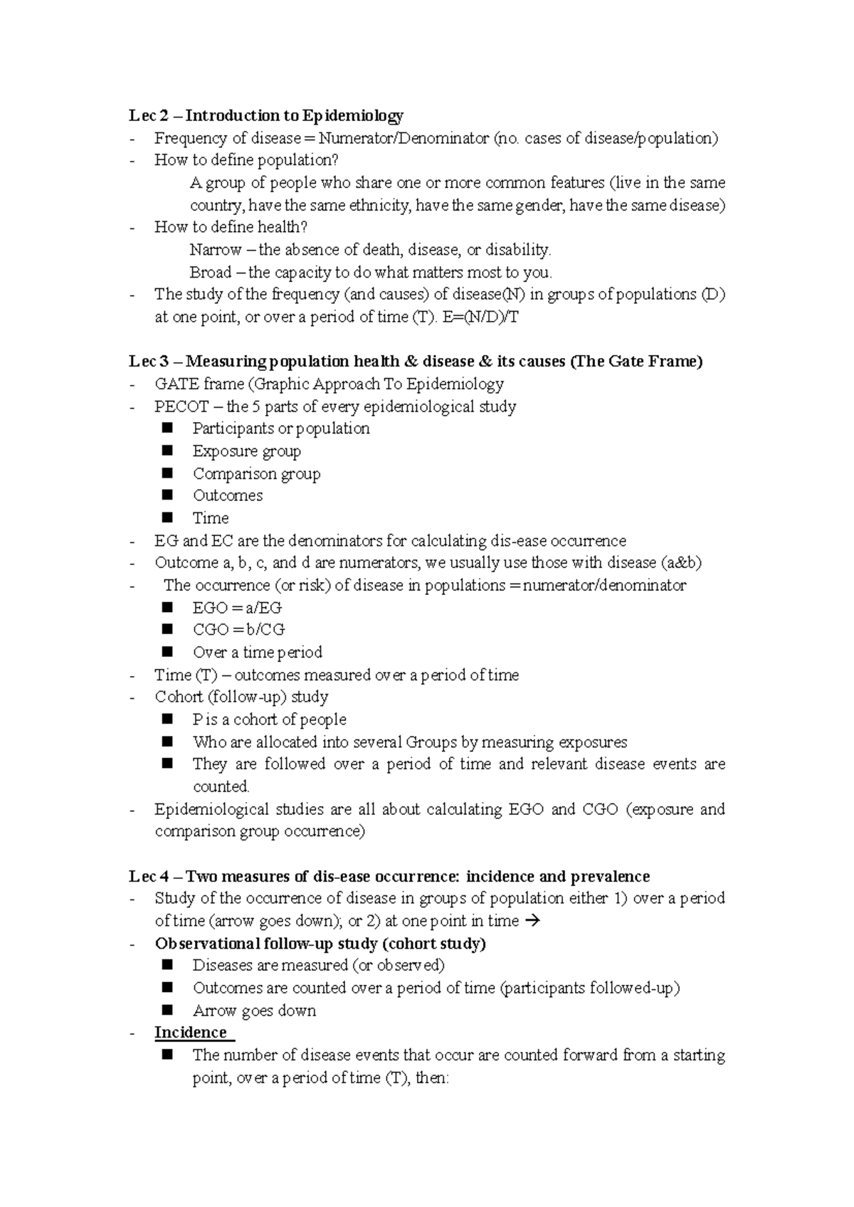 Pophlth review lec 2-18 - Lec 2 – Introduction to Epidemiology Frequency of disease = - Studocu