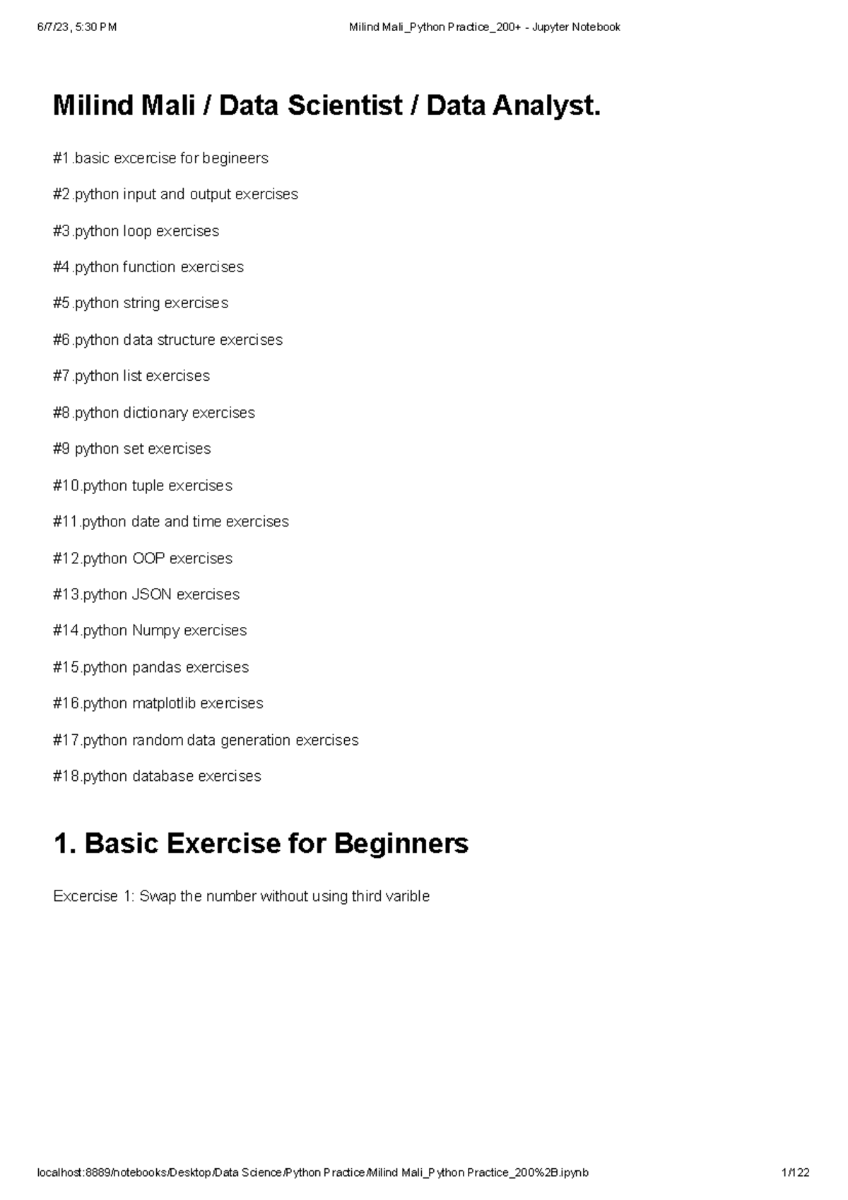 200+ Python Practice Exercises - Milind Mali / Data Scientist / Data Analyst. #1 excercise for ...