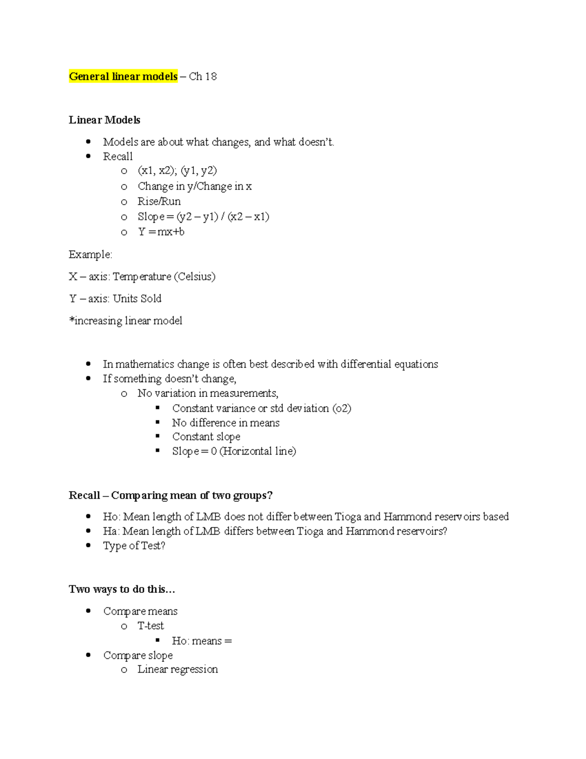 Week 7-8 Lecture 1 - General linear models – Ch 18 Linear Models Models ...