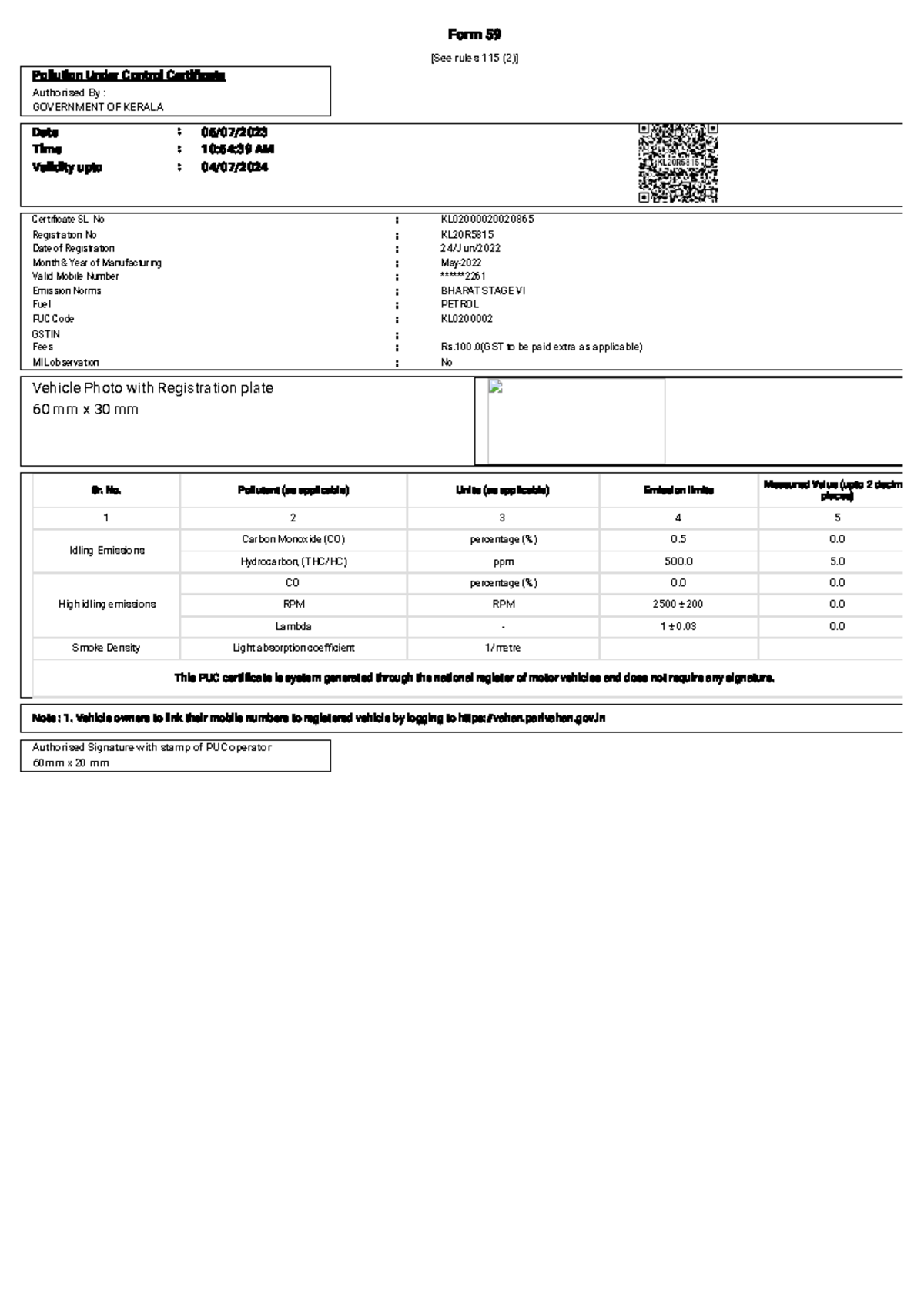 PUC - Form 59 [See rules 115 (2)] Pollution Under Control Certificate ...