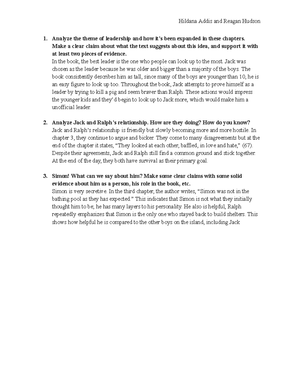 Lot F Ch3 prompt - Lord of the Flies - Hildana Addis and Reagan Hudson ...