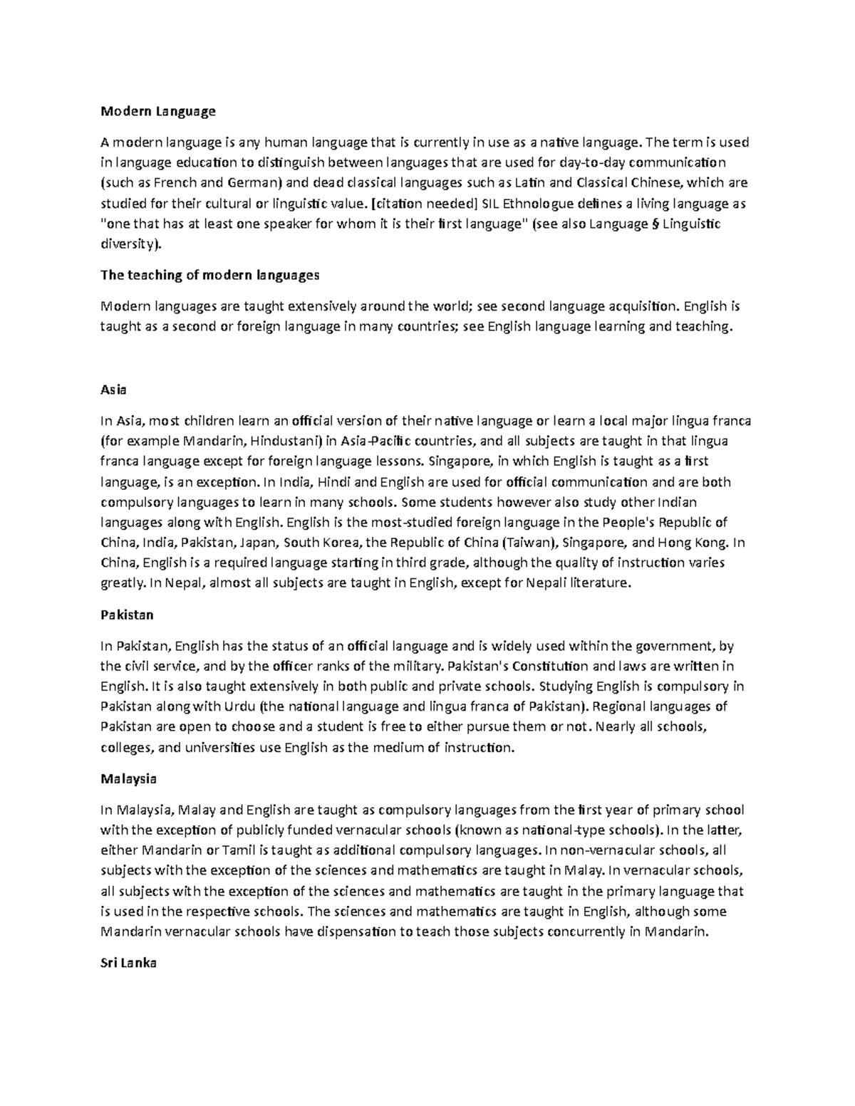 Ancient and Modern Languages - Modern Language A modern language is any ...