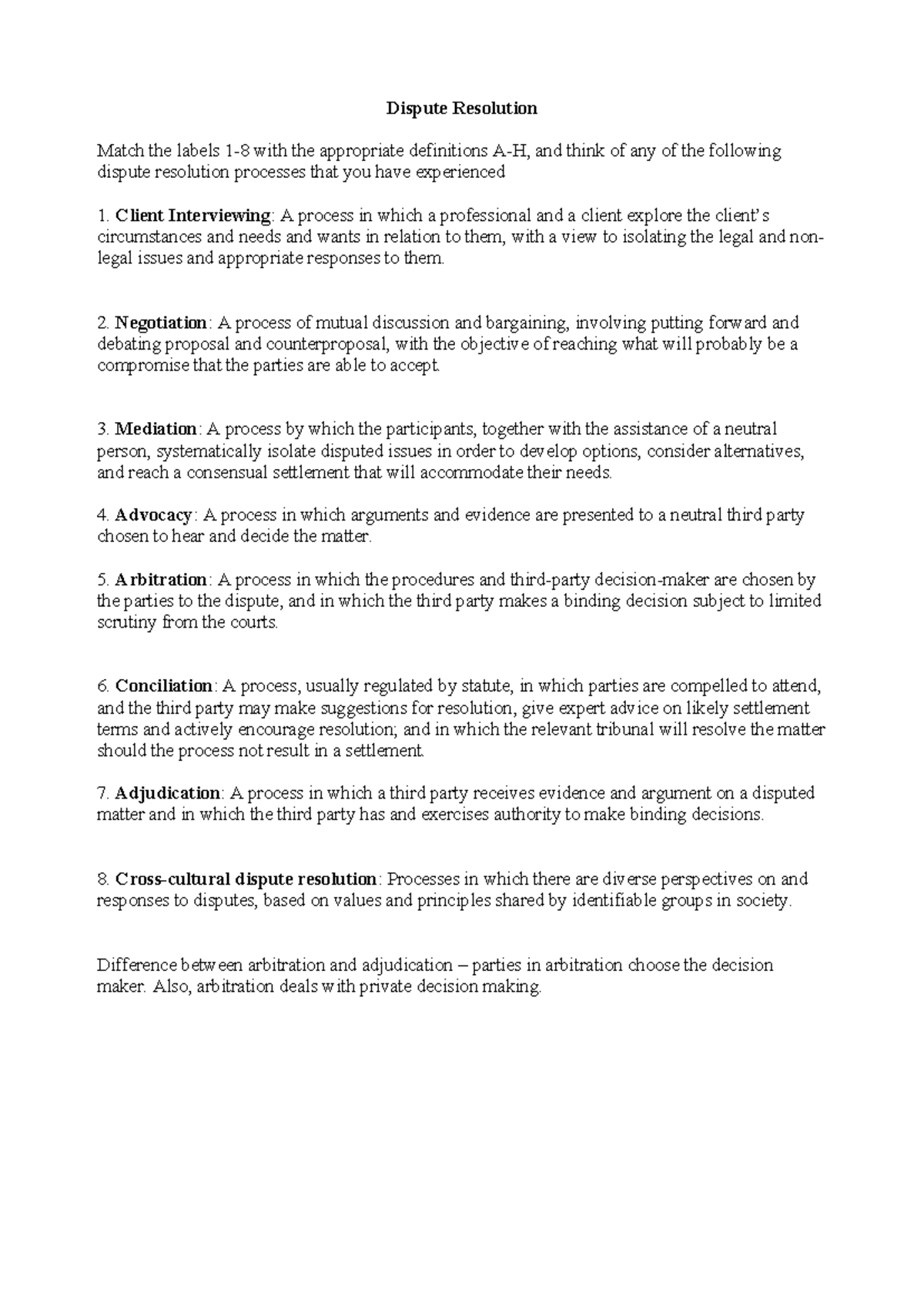 DRMatching - DR Matching Exercise - Dispute Resolution Match the labels ...