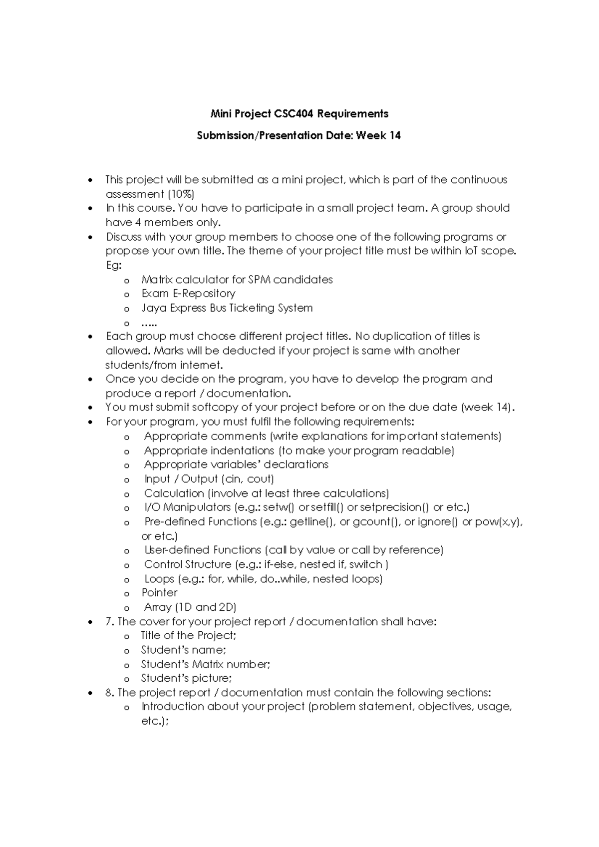 Programming Ii Project Mini Project Csc404 Requirements Submissionpresentation Date Week 14 