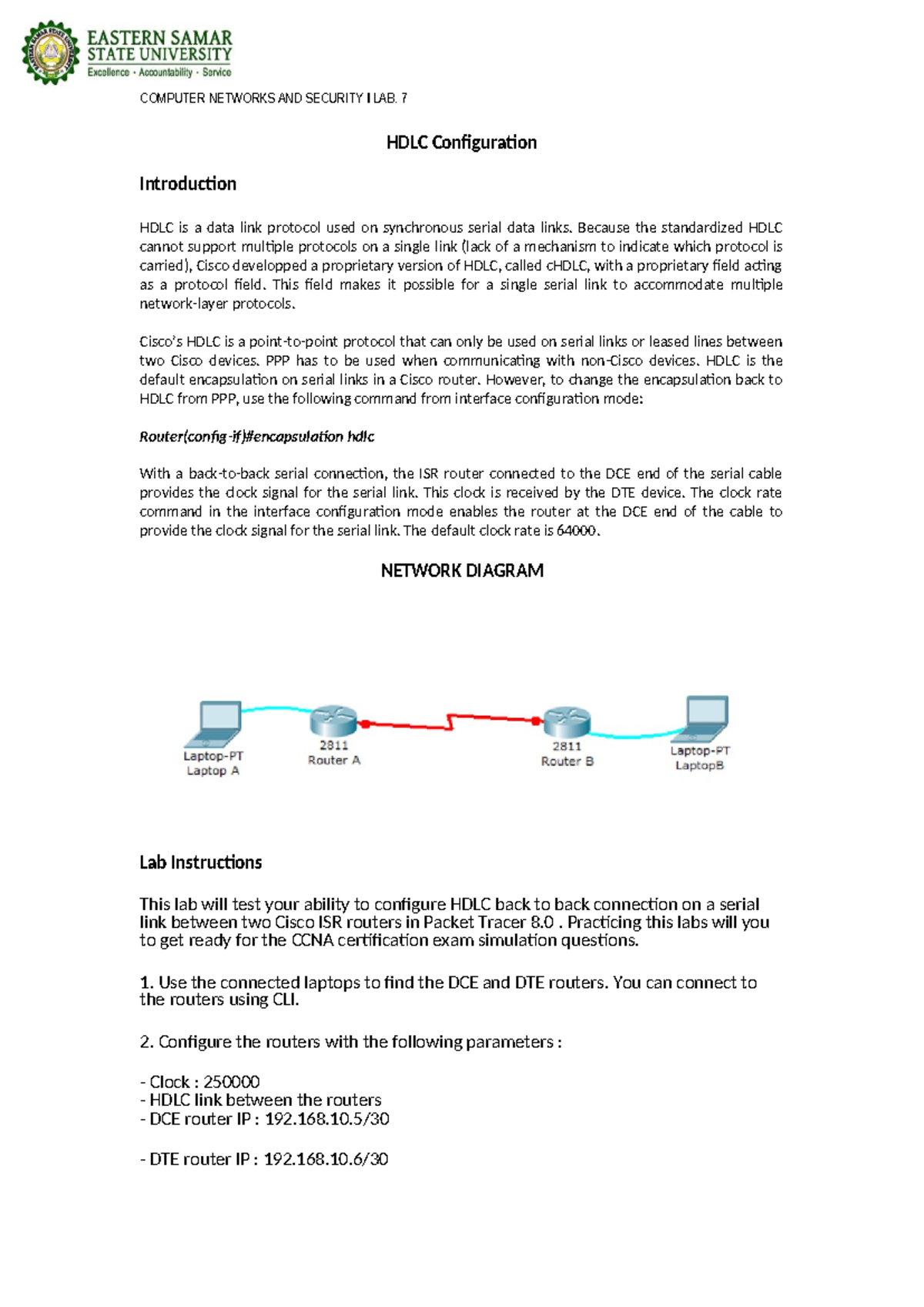 CNS Lab 7 est - HDLC Configuration Introduction HDLC is a data link ...