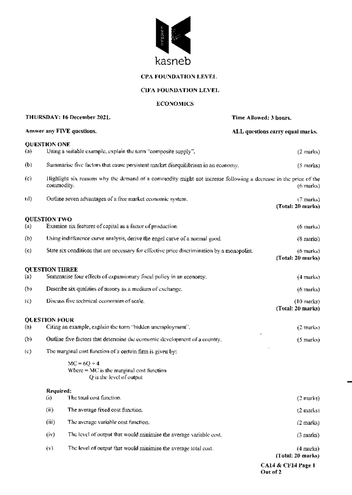 Pst ECON 2015 2022 - Revision Questions - CA14 & CF14 Page 2 Out of 2 ...