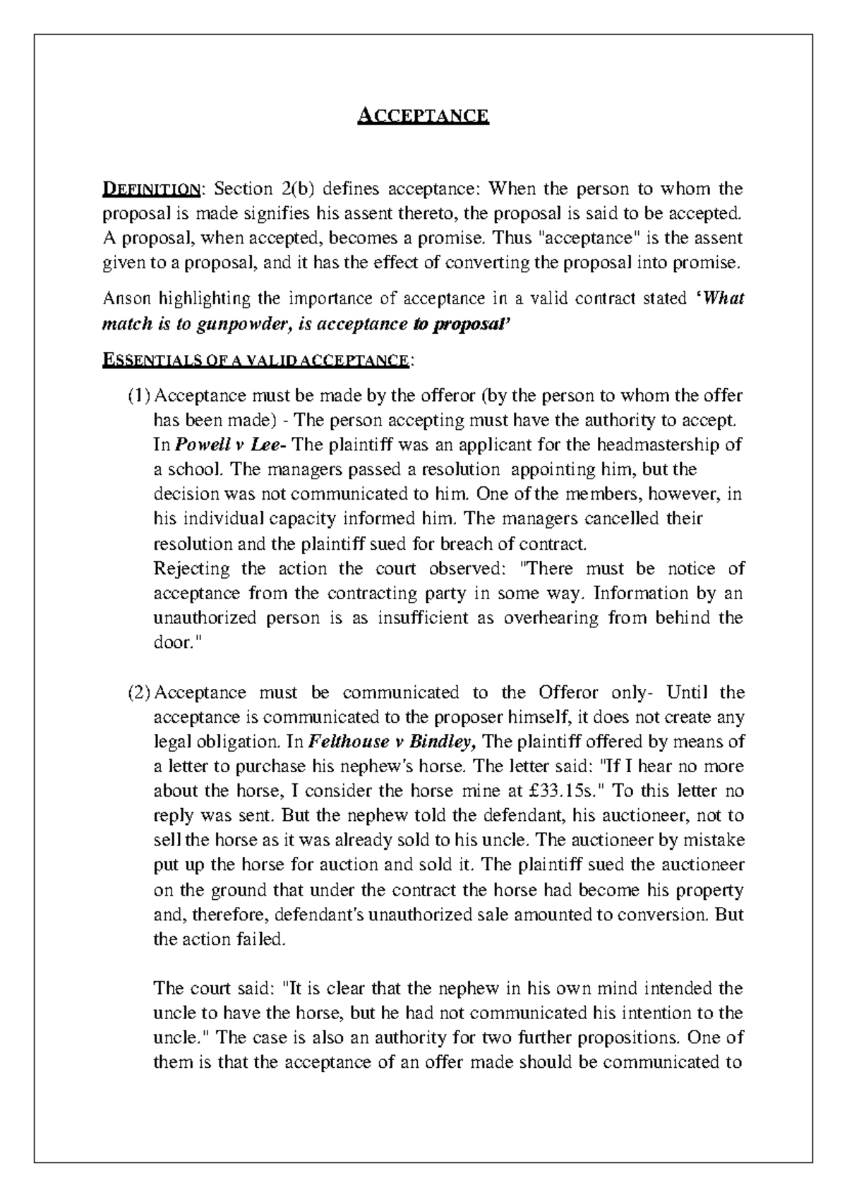 Acceptance - contract law 1 - ACCEPTANCE DEFINITION: Section 2(b ...