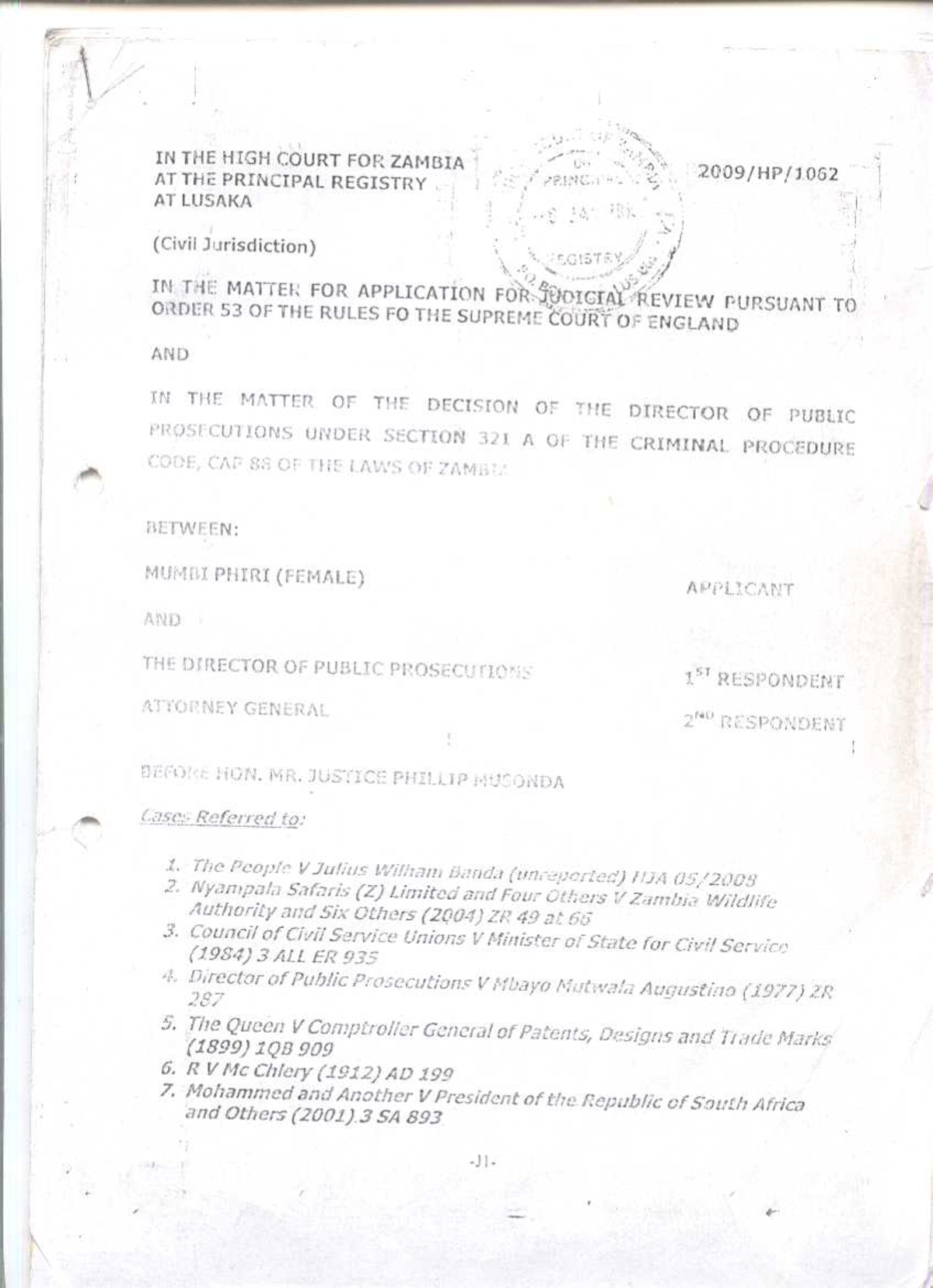 Mumbi phiri dpp - Cases - Administrative Law - Studocu