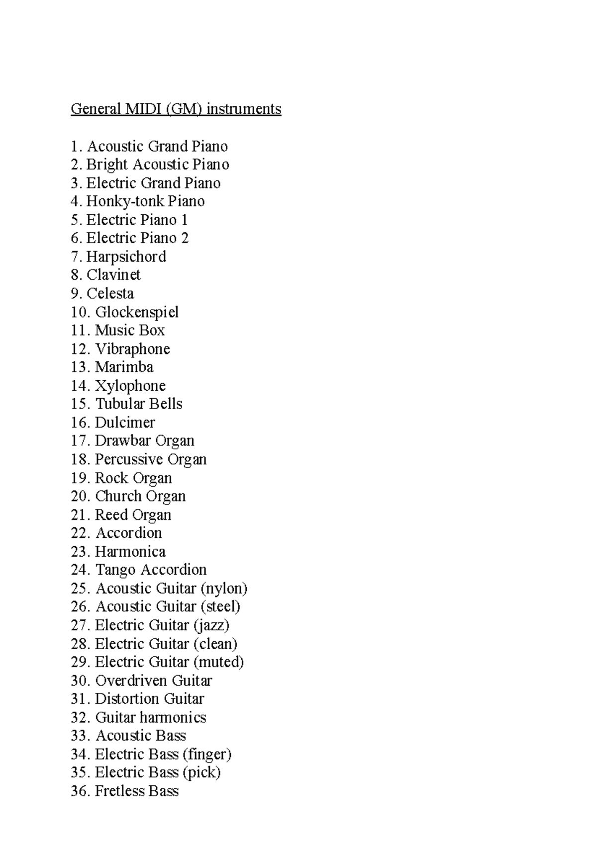 GMinstr - General MIDI (GM) instruments Acoustic Grand Piano Bright Acoustic Piano Electric ...