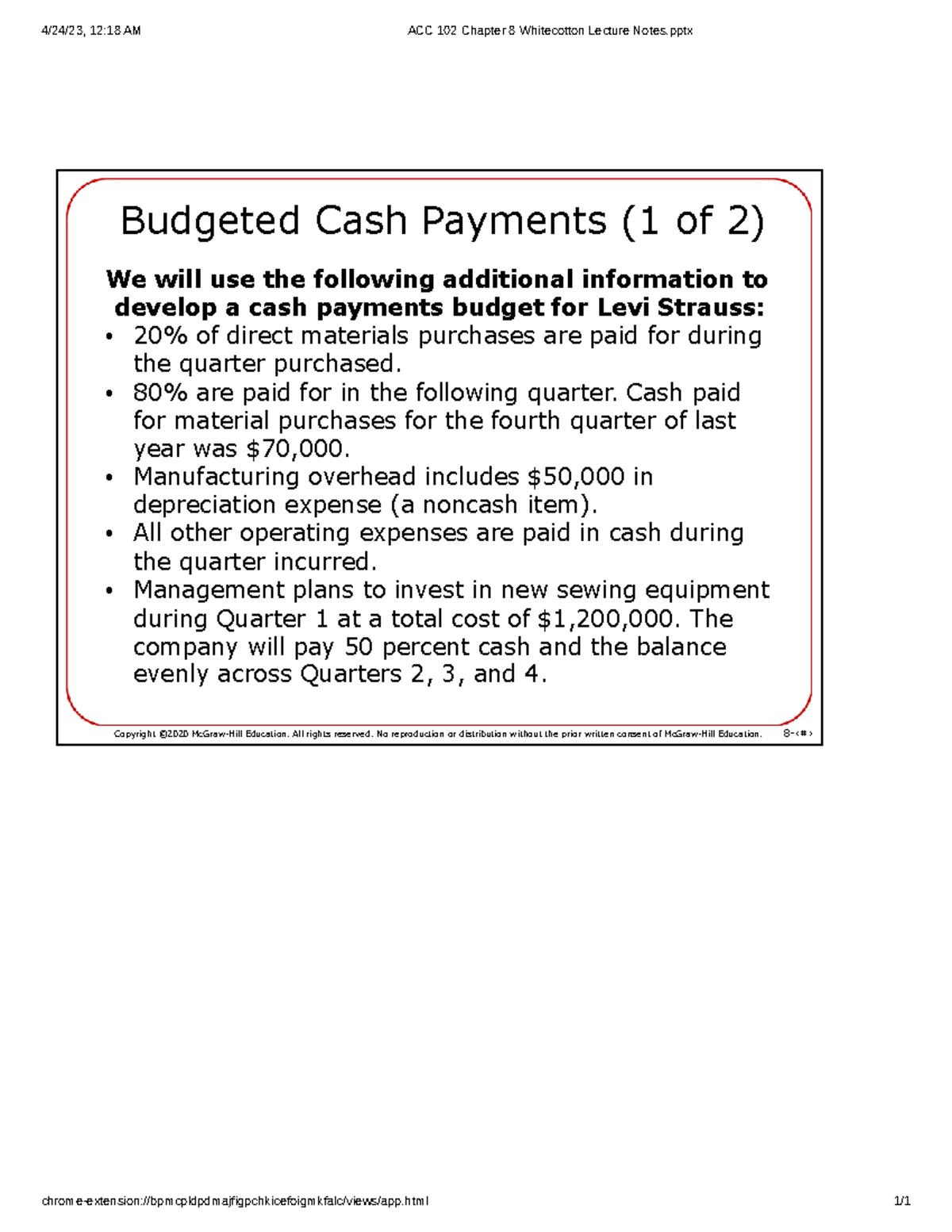 Budgetcashpayment - budget cash payment - 4/24/23, 12:18 AM ACC 102 ...