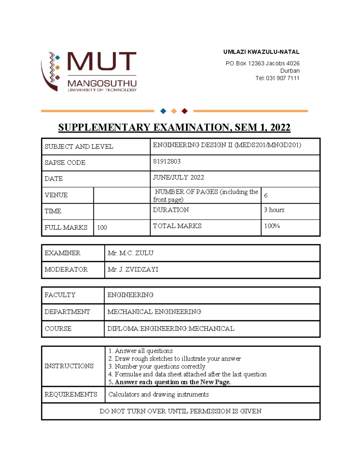 Mechanical Engineering Design II Supplementary Exam 2, SEM 1, 2022 ...