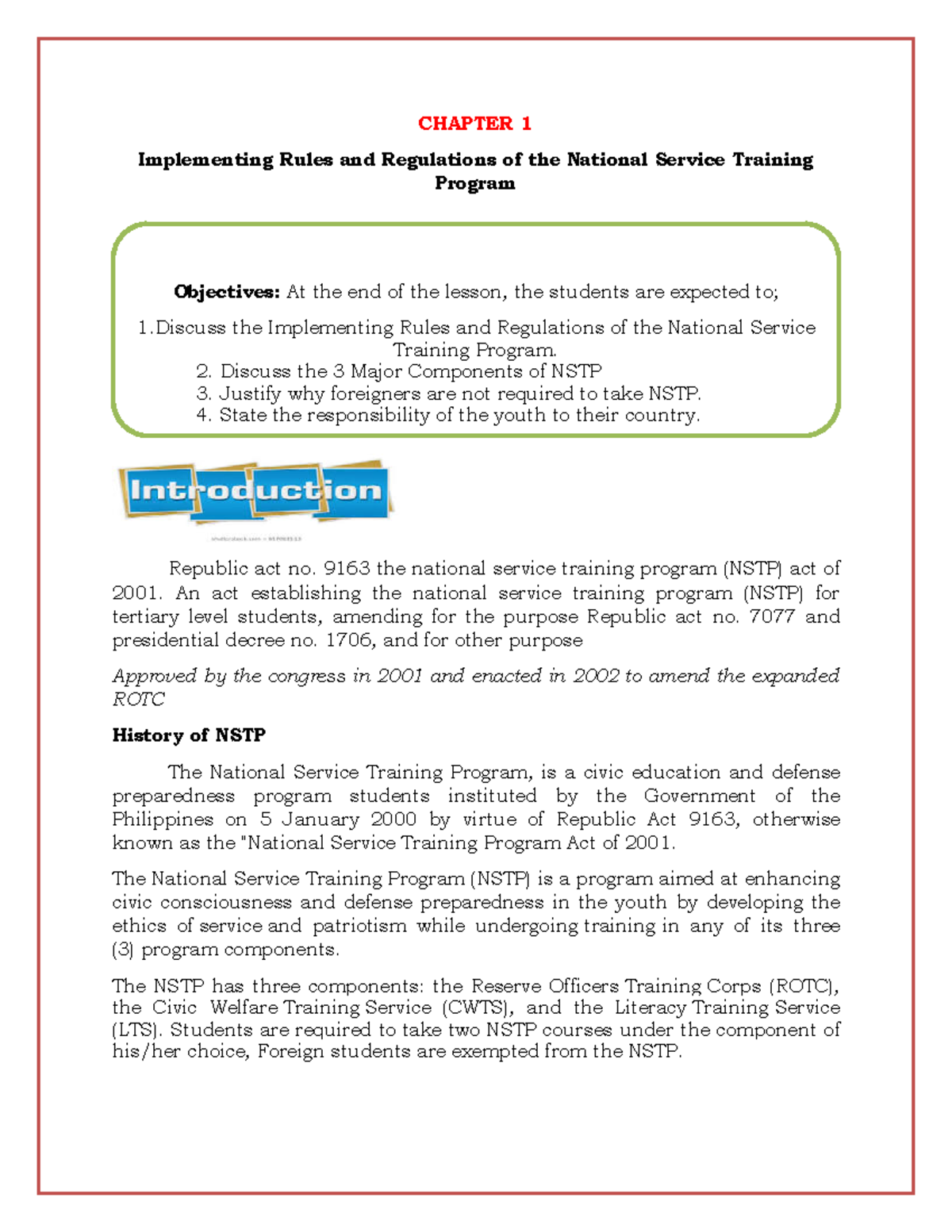 Chapter 1- NSTP 2 - IRR 9163 - CHAPTER 1 Implementing Rules and Regulations of the National ...