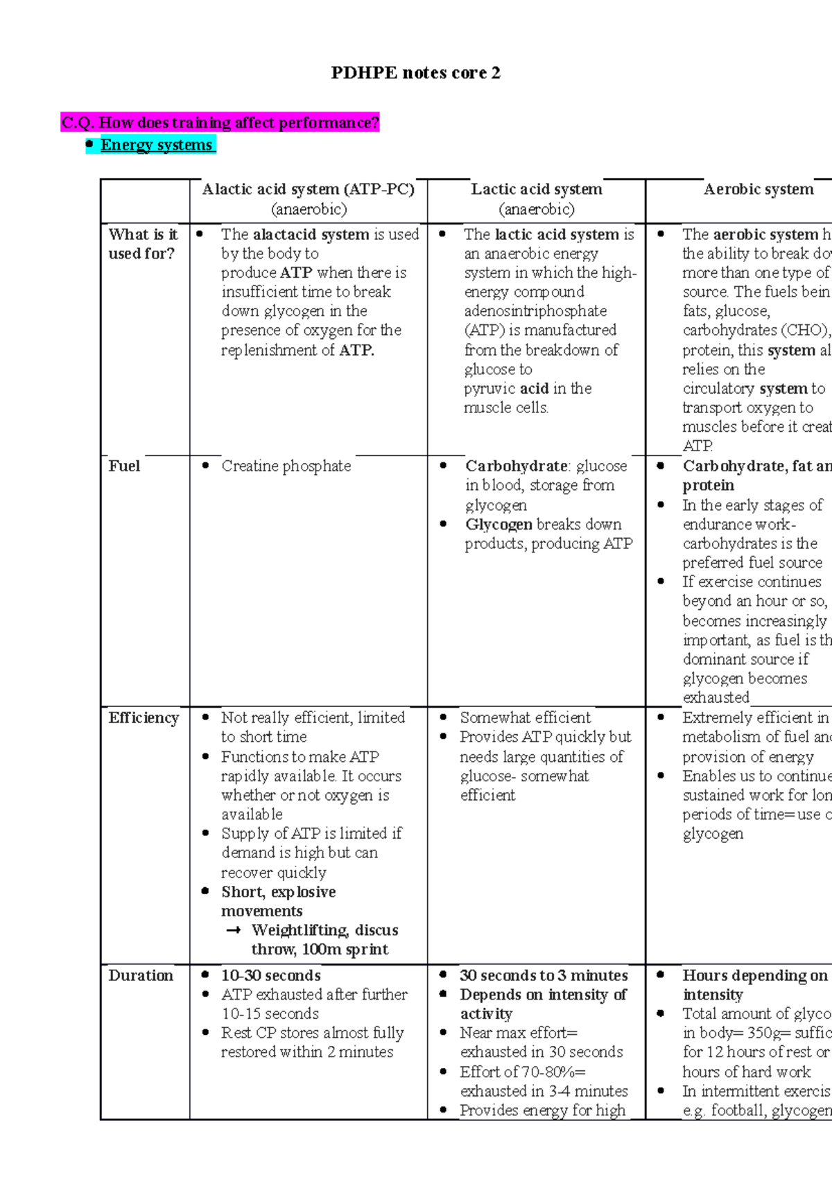 Pe core 2 notes - yes - PDHPE notes core 2 C. How does training affect ...