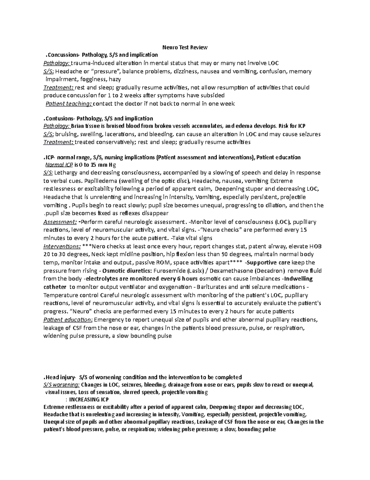 Test1 - Neuro Test Review .Concussions- Pathology, S/S and implication ...