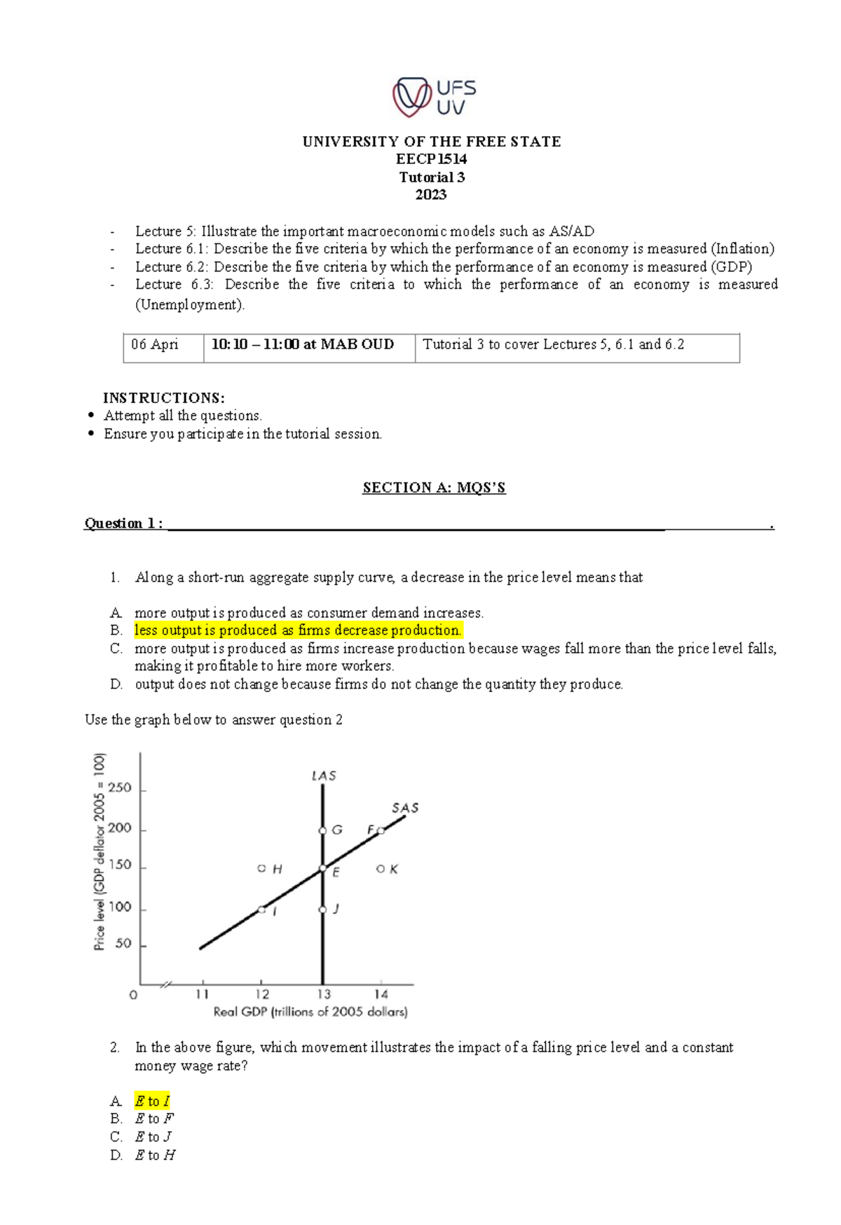 Tutorial 3 MCQ EECP1514 2023 Memo - UNIVERSITY OF THE FREE STATE EECP ...