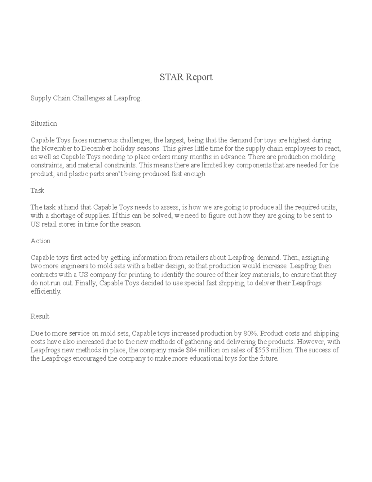 Supply Chain Assignment - STAR Report Supply Chain Challenges at ...