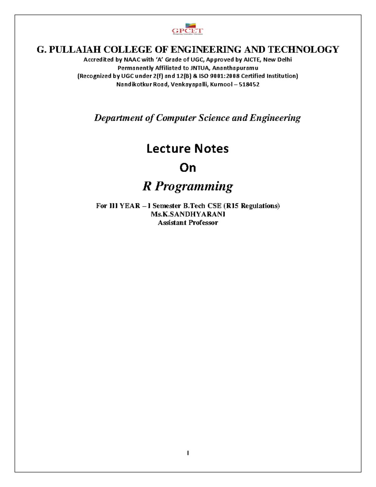R Programming Lecture Notes 1 30 G Pullaiah College Of Engineering