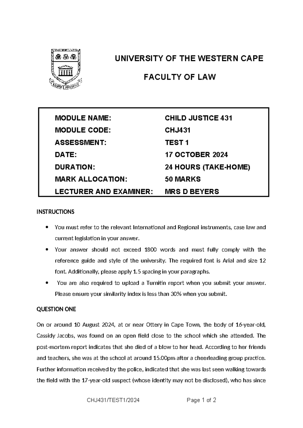 2024 CHJ431 TEST - 2024 test document - UNIVERSITY OF THE WESTERN CAPE ...