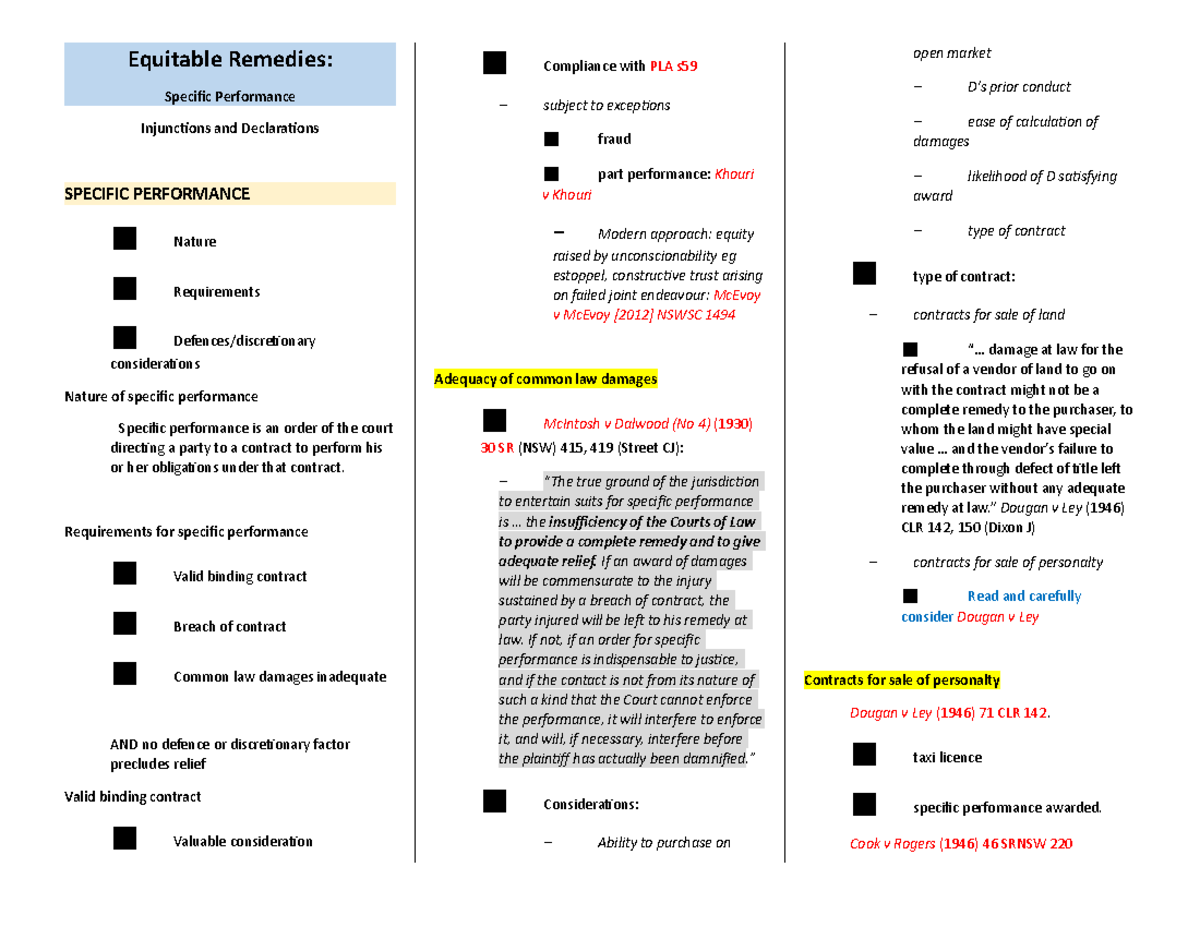 Summary - lecture 6 - Equitable Remedies: Specific Performance Injunctions and Declarations ...