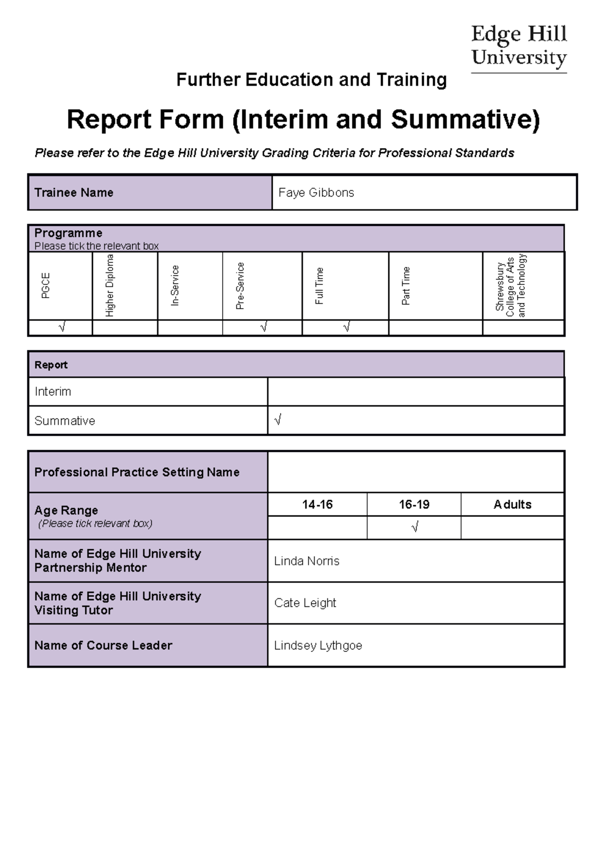 Summative report - Further Education and Training Report Form (Interim ...
