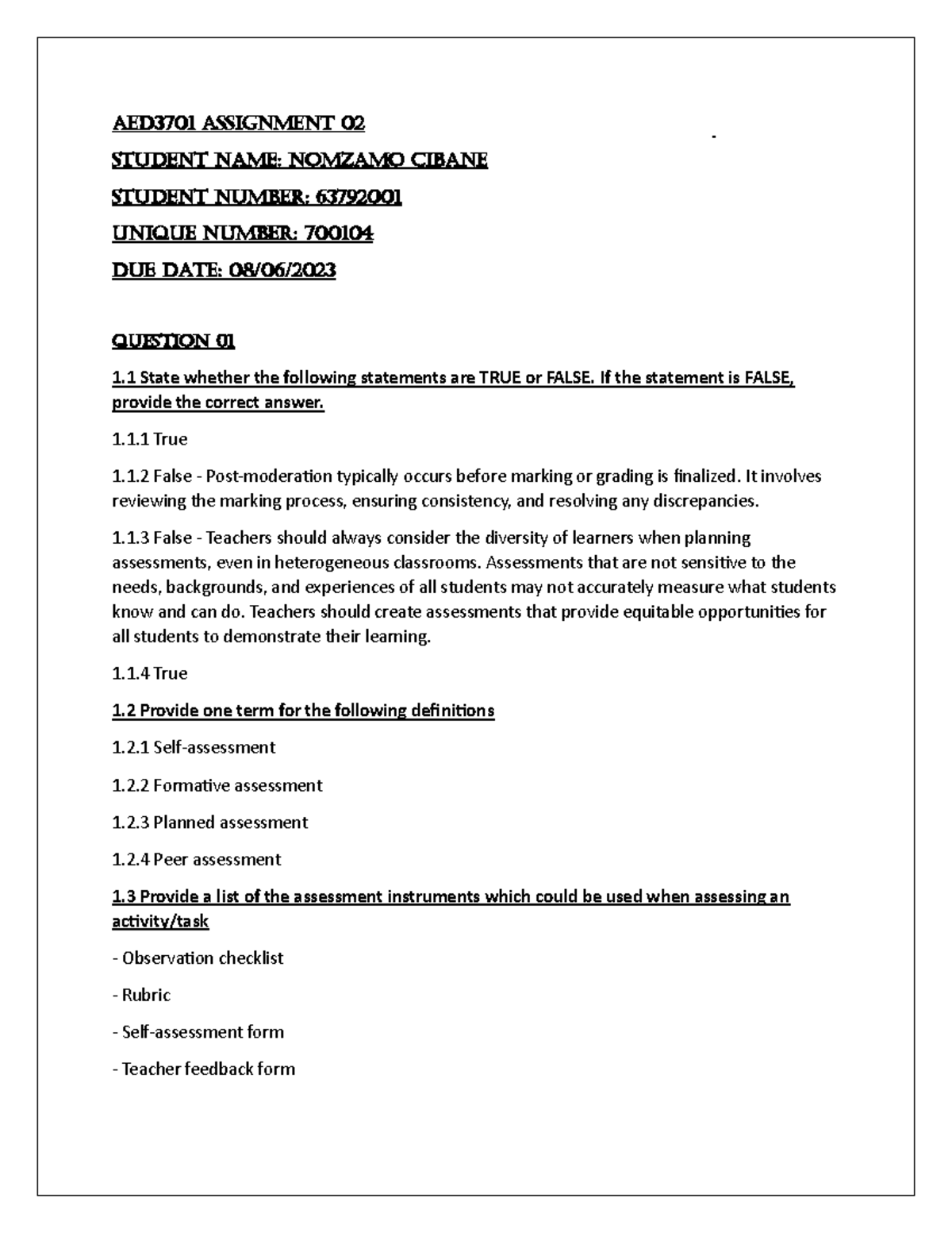 AED3701 Assignment 02 - AED3701 ASSIGNMENT 02 STuDENT NAME: NoMzAMo ...