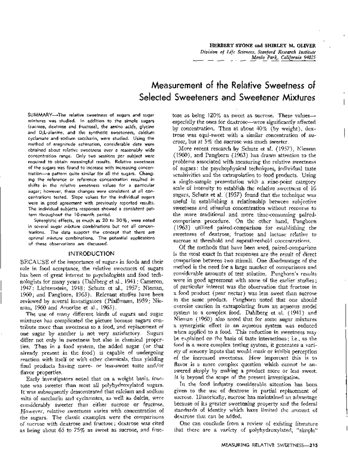 Measurements of the relative sweetness - HERBERT STONE and SHIRLEY M ...