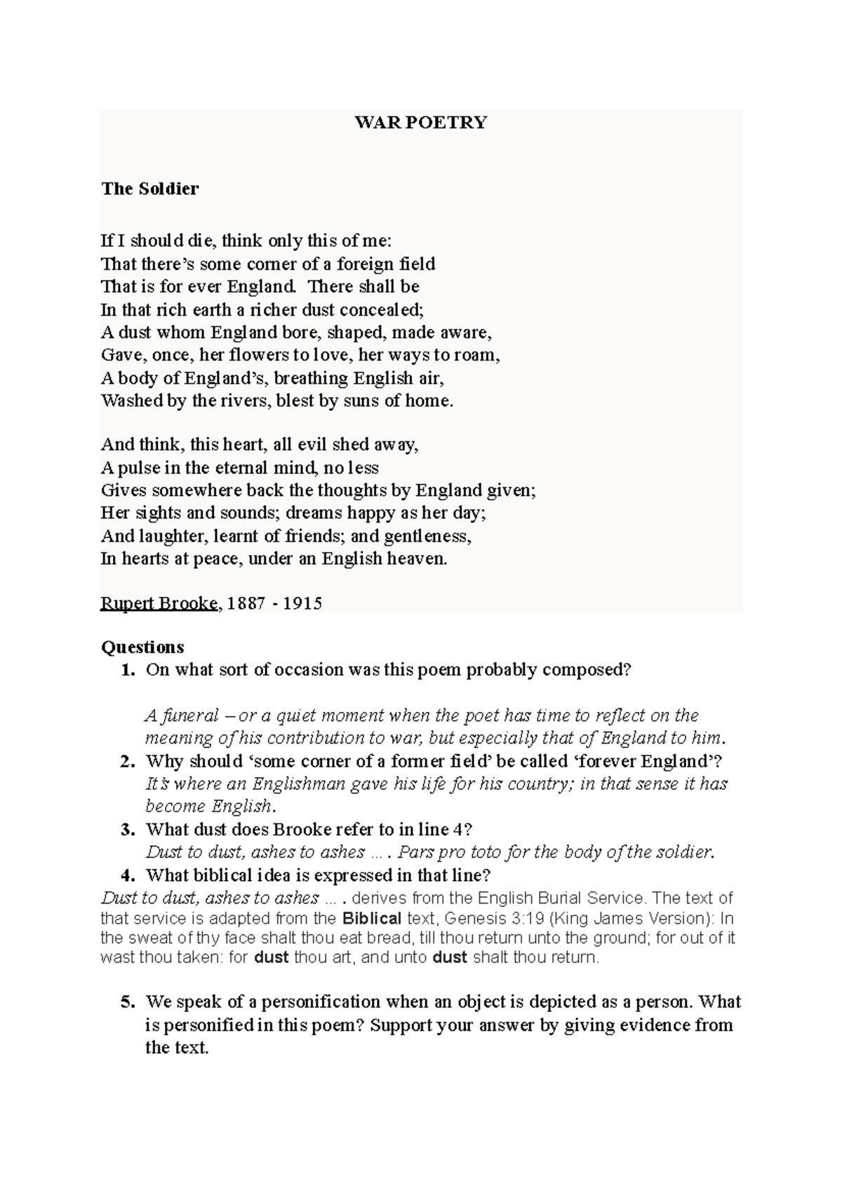 WAR Poetry KEY reader about war poetry - WAR POETRY The Soldier If I ...