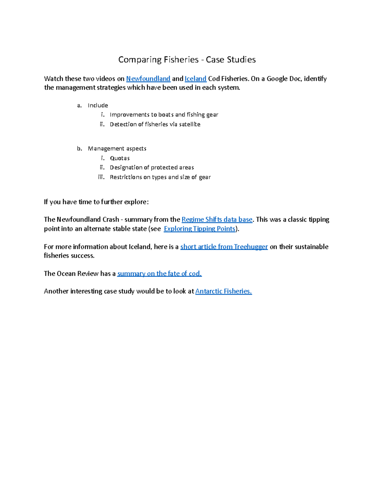 Comparing fisheries - On a Google Doc, identify the management ...