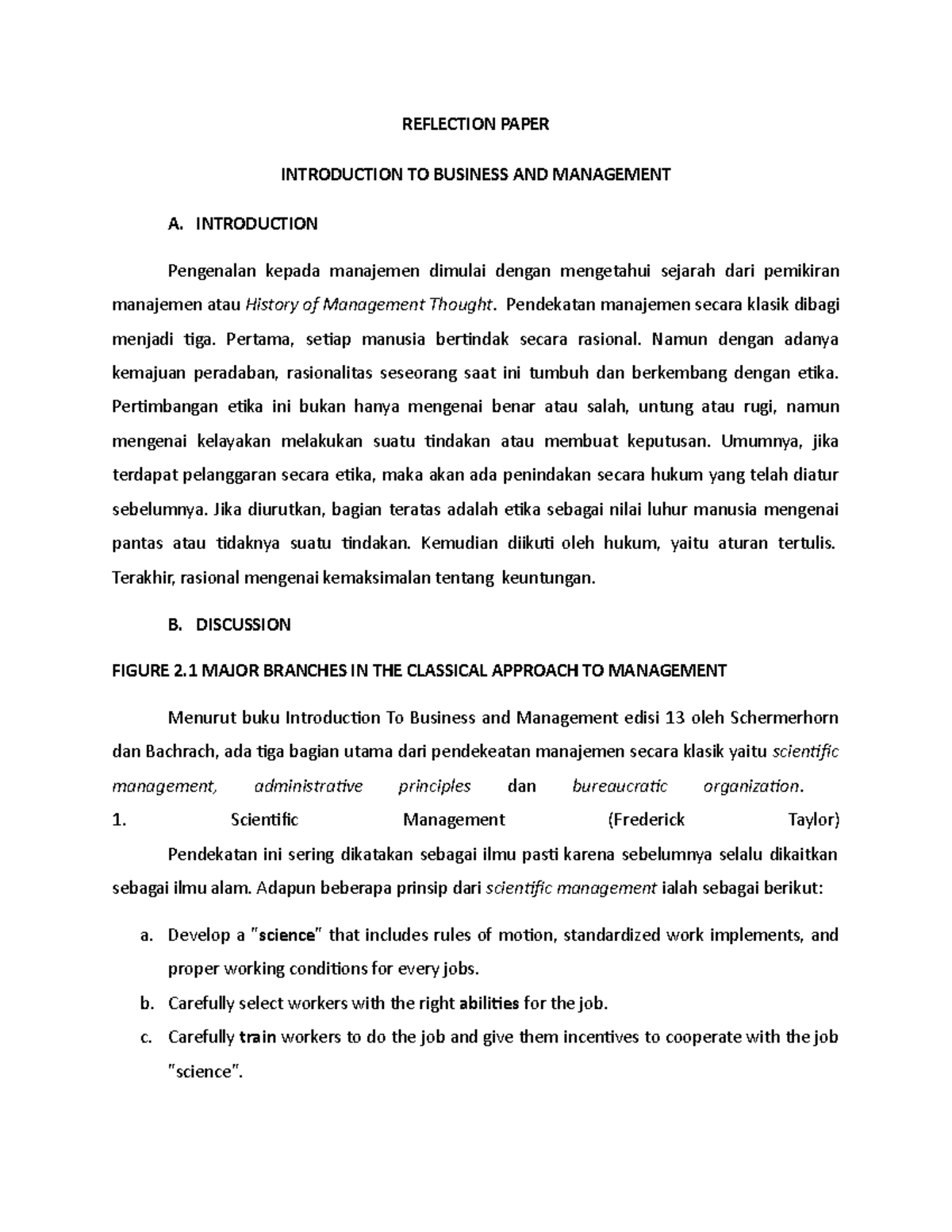 Reflection Paper Introduction TO Business AND Management - REFLECTION ...