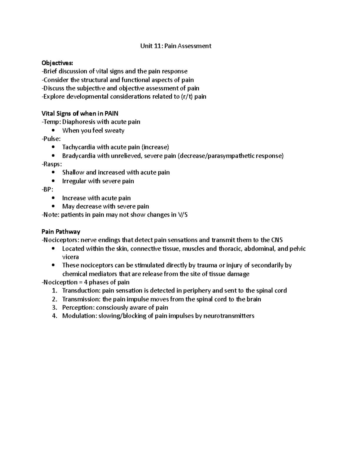Unit 11 - Pain Assessment - Unit 11: Pain Assessment Objectives: -Brief ...