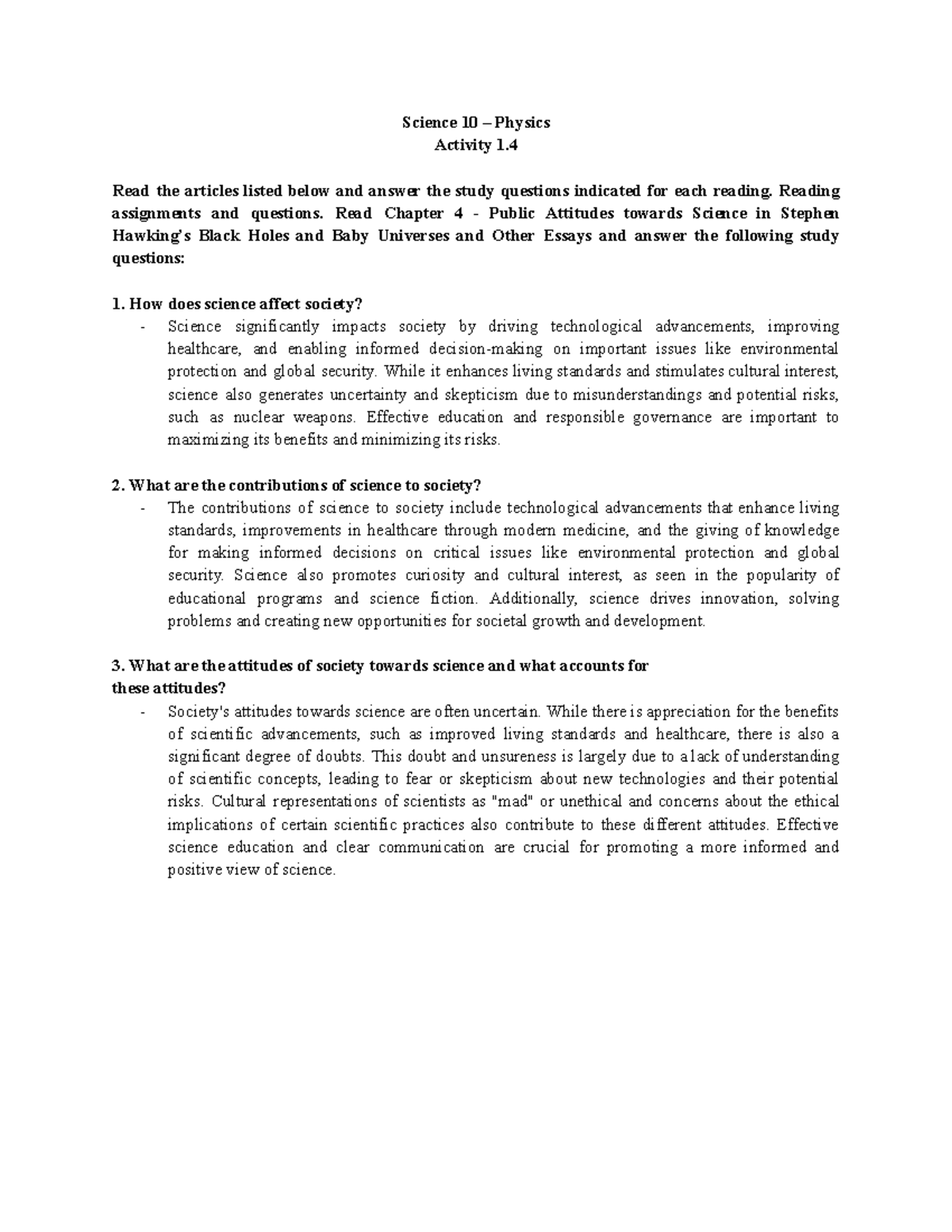Science 10 Activity 1.4 - Science 10 – Physics Activity 1. Read the ...
