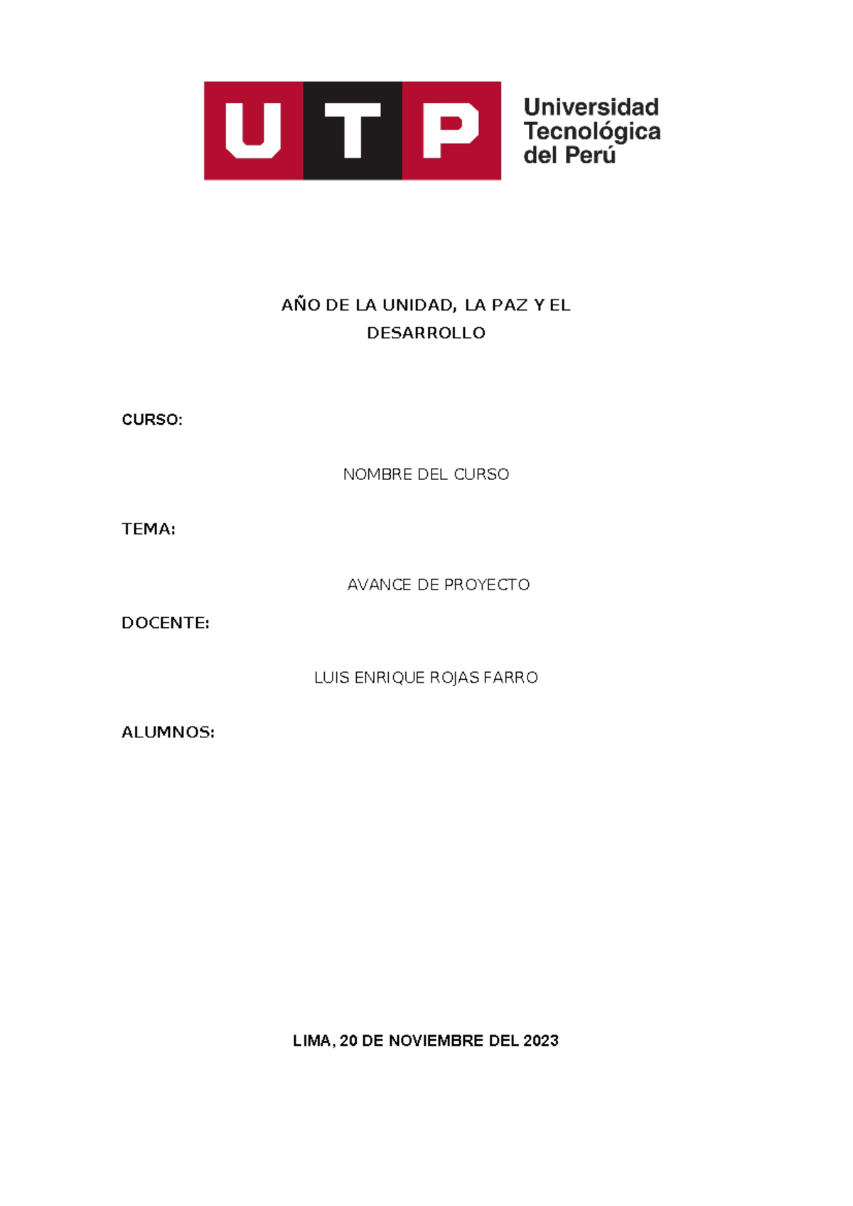 Modelo de proyecto (1) - AÑO DE LA UNIDAD, LA PAZ Y EL DESARROLLO CURSO ...